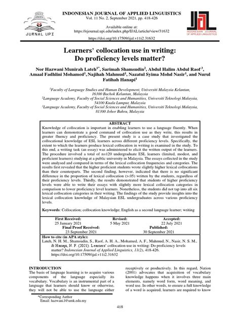 Learners Collocation Use In Writing Do Proficienc Pdf Adverb Verb