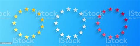 파란색 배경에 격리 된 유럽 연합 아이콘의 종이 컷 플래그 Eu 원 기호입니다 Eu 국기를 흔들며 종이 아트 스타일 벡터 3차원