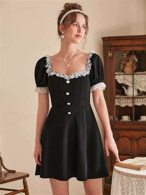 SHEIN MOD Vestido renda de contraste botão frontal manga bufante