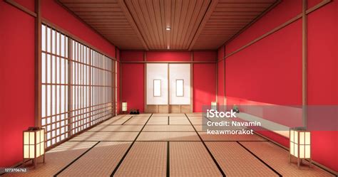 다다미 플로어룸 의 도어 페이퍼와 캐비닛 선반 벽이 있는 레드 컬러 룸 디자인 인테리어 3d 렌더링 다다미방에 대한 스톡 사진