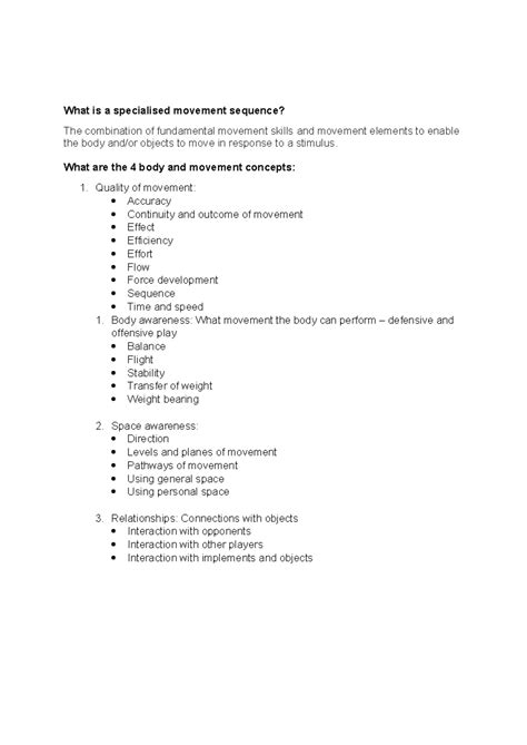 Specialised Movement Sequences Key Definitions And Concepts Studocu