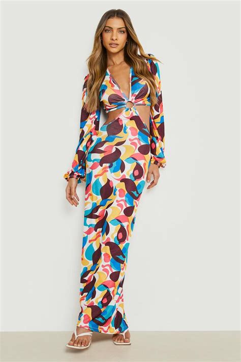 Abstract Ruffle Cut Out Maxi Dress Boohoo Usa