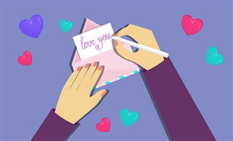 봉투 상단에 손 발렌타인 데이에 사랑의 선언 손으로 쓴 텍스트는 당신과 주위에 마음을 사랑합니다 플랫 스타일로 벡터 그림 엽서에 대한 스톡 벡터 아트 및 기타 이미지