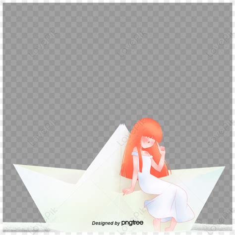 여름 일러스트 갈색 긴 머리 소녀 종이 보트수 제종이 접기 Png 일러스트 무료 다운로드 Lovepik
