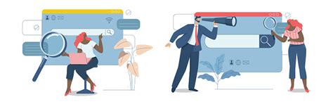 검색 엔진 최적화 Seo 세트 웹 사이트 페이지 통계 인터넷 마케팅 개념 웹 브라우저 표시 줄에서 돋보기로 온라인으로 검색하는 사업가와 여성을 분석하십시오 벡터 디자인 It