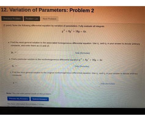 Solved 12 Variation Of Parameters Problem 2 Previous