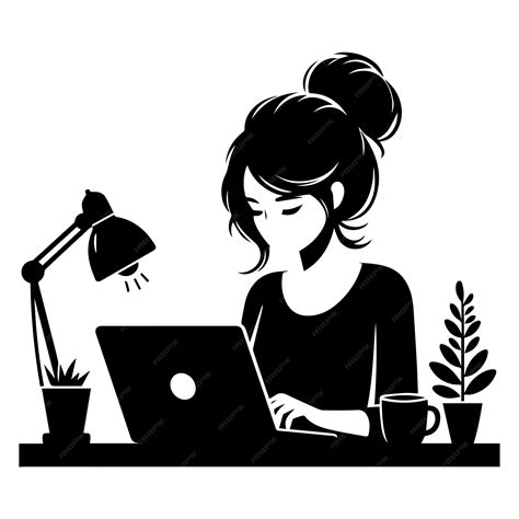Set Of Silhouette Of Woman Working On Laptop At Desk Vector