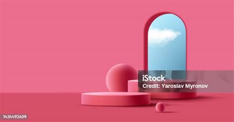 제품 받침대 아치 창과 하늘이있는 실린더 3d 연단 분홍색 인테리어 룸 3차원 형태에 대한 스톡 벡터 아트 및 기타 이미지