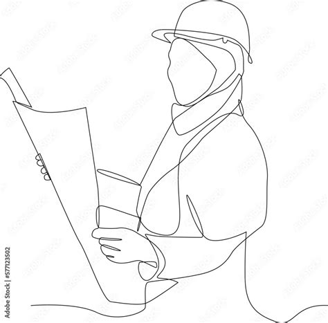 Single Continuous Line Drawing Of Young Female Architect Holding Blueprint Paper Pose Cross Arms