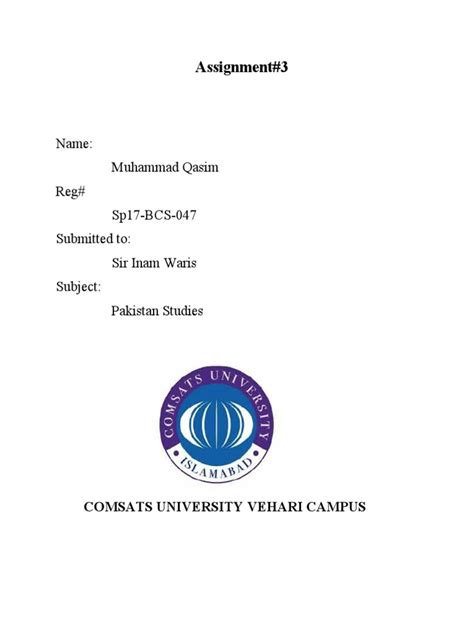 Assignment3 Name Muhammad Qasim Reg Sp17 Bcs 047 Submitted To Sir Inam Waris Subject