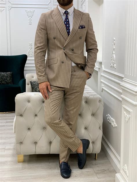 Brown Slim Fit Double Breasted Striped Suit For Men Bespokedailyshop