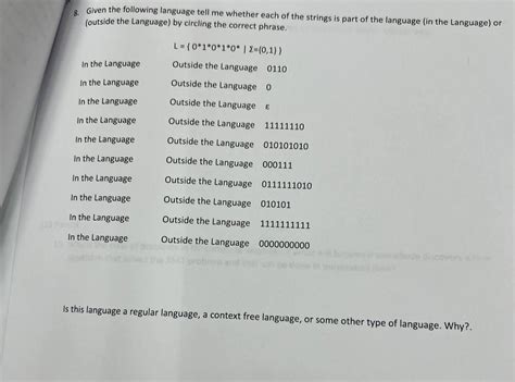 Given The Following Language Tell Me Whether Each Chegg