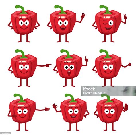 다른 손 제스처를 보여주는 만화 고추 문자 집합입니다 쾌활 한 후추 포인팅 인사말 정지 기호 표시 엄지 손가락 및 기타 손 제스처 가리키기에 대한 스톡 벡터 아트 및 기타