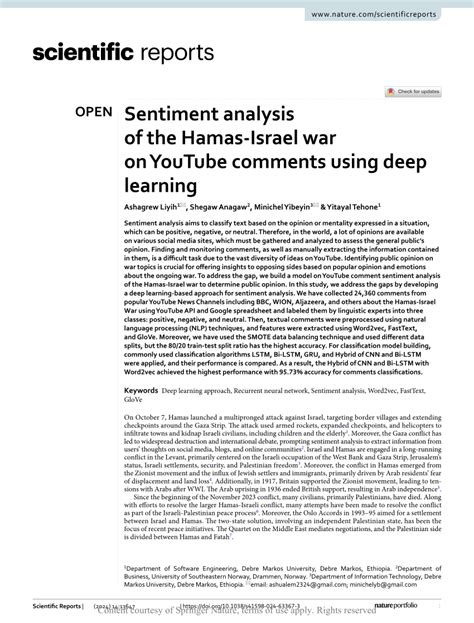 (PDF) Sentiment analysis of the Hamas-Israel war on YouTube comments using deep learning