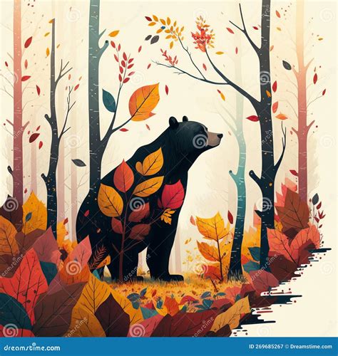 Stylized Illustrated Bear In Forest With Autumn Generative Ai Stock