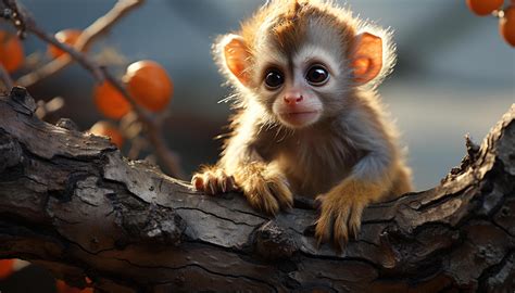 Cute Small Monkey Sitting On Branch Looking At Camera Playfully