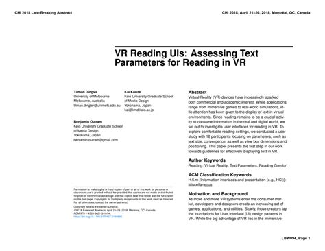 PDF VR Reading UIs Assessing Text Parameters For Reading In VR