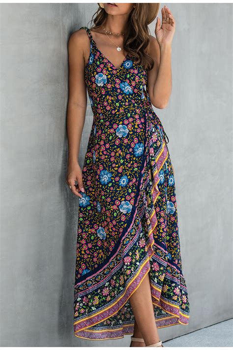 Ruffle Sleeveless Floral Print Wrap High Waist Strap Summer Maxi Boho