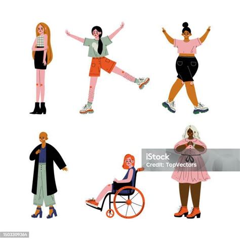 자기 수용 벡터 세트로 자신의 몸과 외모를 사랑 서 젊은 다양한 여자 개념에 대한 스톡 벡터 아트 및 기타 이미지 개념 개성 개념 개체 그룹 Istock