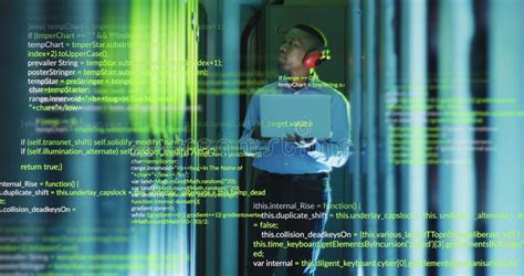 Image Of Data Processing Over African American Male Engineer Using Laptop At Server Room Stock