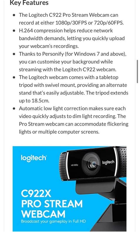 Logitech C922 Webcam With Tripod Computers And Tech Parts