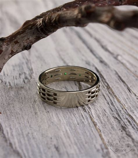Mens White Gold Emerald Wedding Band Emerald Wedding Etsy