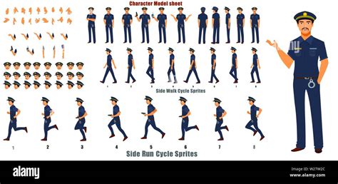 Police Character Model Sheet With Walk Cycle And Run Cycle Animation