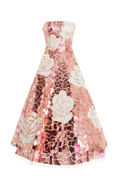 Strapless Floral Mosaic Embroidered Cocktail Dress By Oscar De La Renta