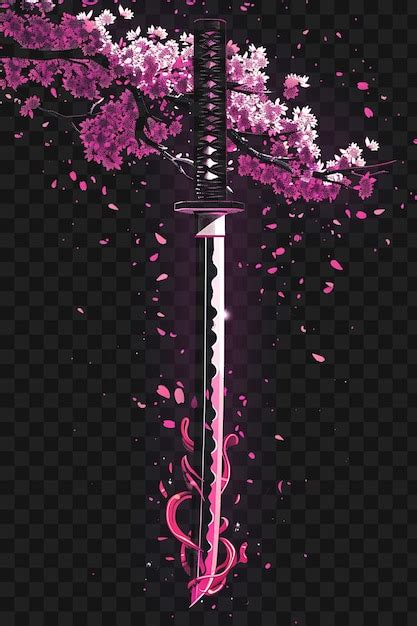 Premium Psd Set Of Katana Pixel Item With Cherry Blossom Design And