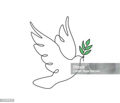녹색 올리브 나뭇 가지와 비행 비둘기의 하나의 연속 라인 그림 단순한 선형 스타일로 사랑의 평화와 자유의 새와 가지 상징 비둘기 아이콘 낙서 벡터 일러스트레이션 평화의