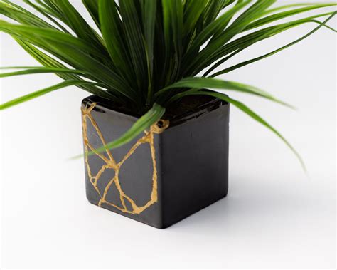 Kintsugi Planter W Artificial Plant Black With Gold Repair Etsy
