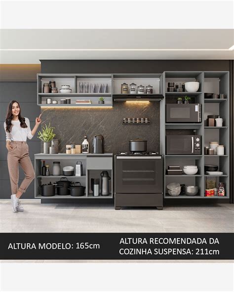 Riachuelo Armário De Cozinha Completa Suspenso 300cm Cinza Nice Madesa 07