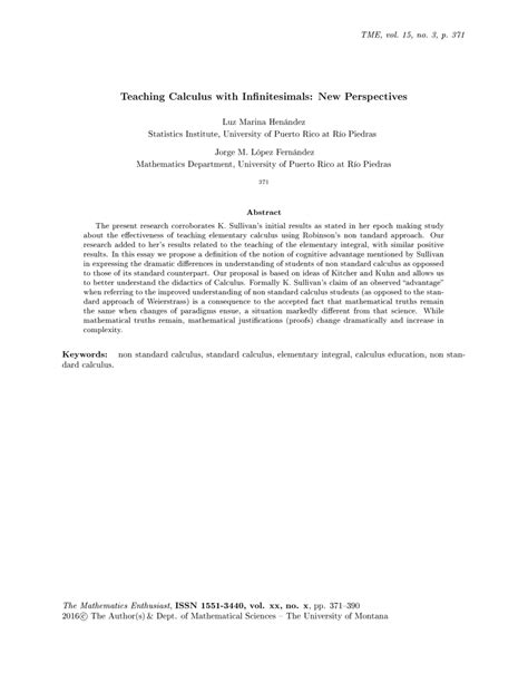 Pdf Teaching Calculus With Infinitesimals New Perspectives