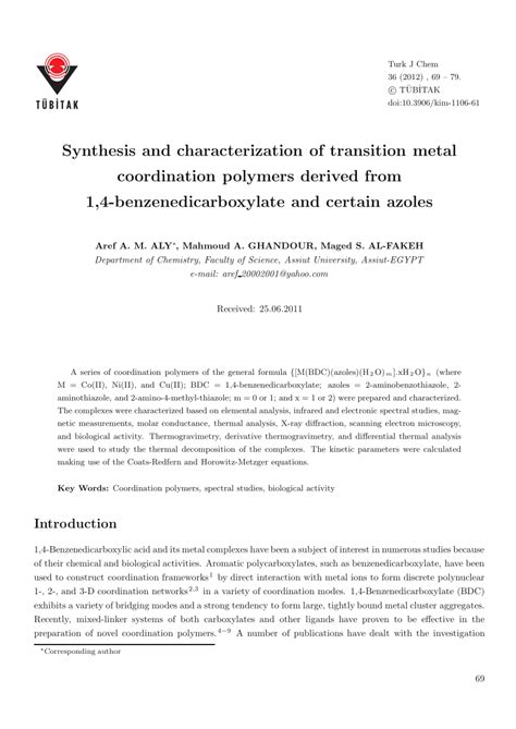 Pdf Synthesis And Characterization Of Transition Metal Coordination Polymers Derived From 14