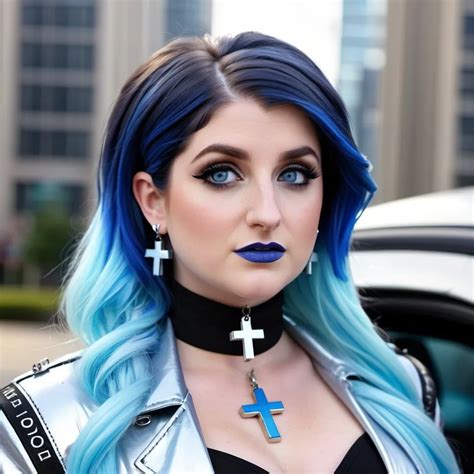 Meghan Trainor Black Choker Blue Eyes Blue Hair