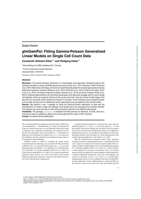 Pdf Glmgampoi Fitting Gamma Poisson Generalized Linear Models On Single Cell Count Data