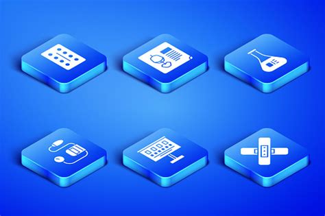 교차 붕대 석고 물집 팩의 알약 시력 검사 차트 혈압 X선 샷 및 시험관 플라스크 아이콘을 설정합니다 벡터 3차원 형태에 대한 스톡 벡터 아트 및 기타 이미지 Istock