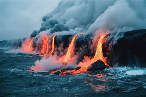 Lava Flows Into The Ocean Creating Steam And Dramatic Landscapes At