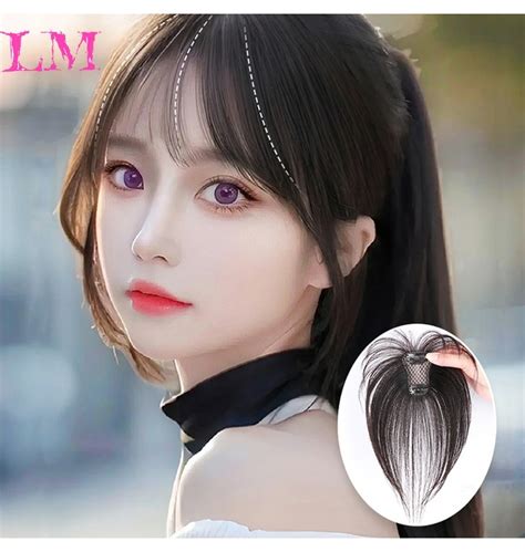Lm 여성용 자연스러운 이마 및 머리 교체 가발 가볍고 얇은 진짜 머리 흰 머리를 덮는 가발 여름 3d 앞머 티몬