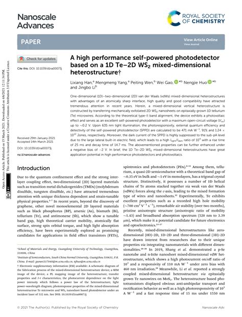 Pdf High Performance Self Powered Photodetector Based On 1d Te 2d Ws2