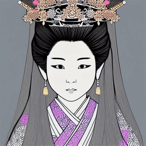 Beautiful Japanese Princess Sketch With Long Hair And Crown Coloring
