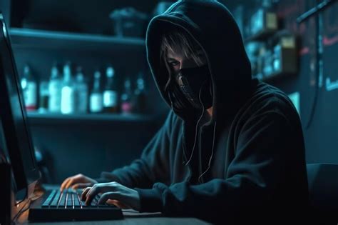 Premium Ai Image Hacker In A Dark Room With A Mask On His Face