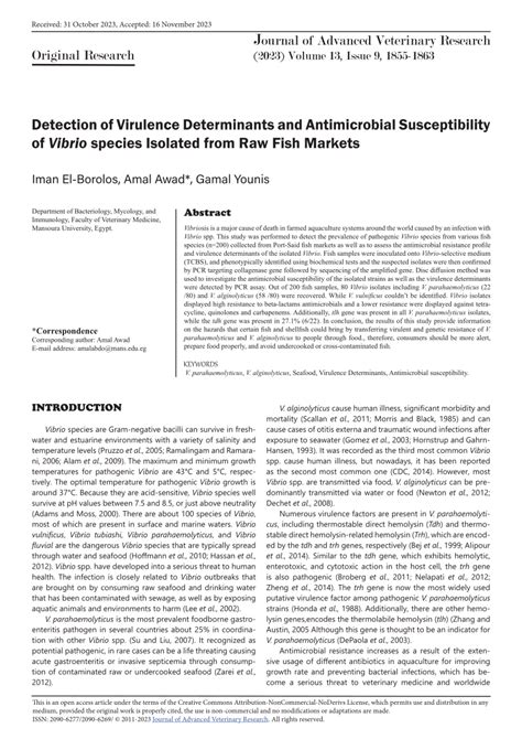 Pdf Detection Of Virulence Determinants And Antimicrobial Susceptibility Of Vibrio Species