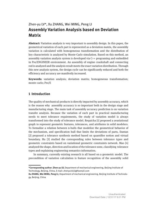 Pdf Assembly Variation Analysis Based On Deviation Matrix Selected