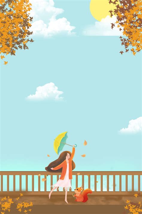 가을 일출 라인 소녀 그림 바람 의상 포스터 가을 낙엽 옐로우 다리 소녀 일러스트 레이터 스타일 신선한 다람쥐 푸른 배경 가을 낙엽 옐로우 배경 일러스트 및 사진 무료
