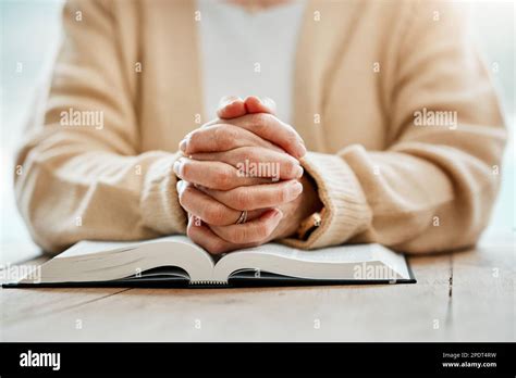 Bible Praying Or Hands Of Woman In Prayer Reading Book For Holy