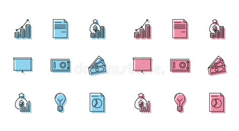 Set Line Money Bag And Diagram Graph Light Bulb With Concept Of Idea