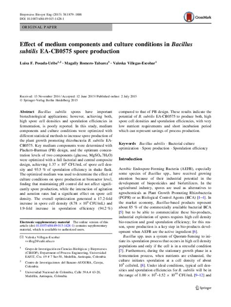 Pdf Effect Of Medium Components And Culture Conditions In Bacillus Subtilis Ea Cb0575 Spore