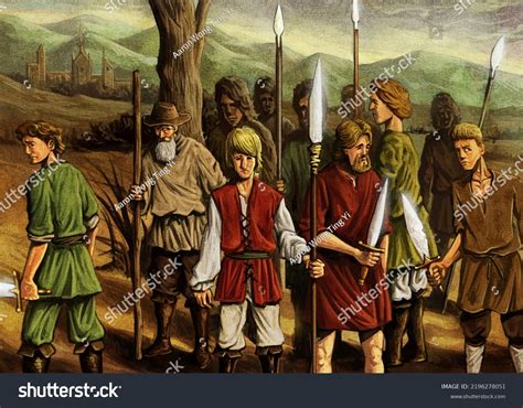 Digital Illustration Group Medieval Peasants Self Stock Illustration