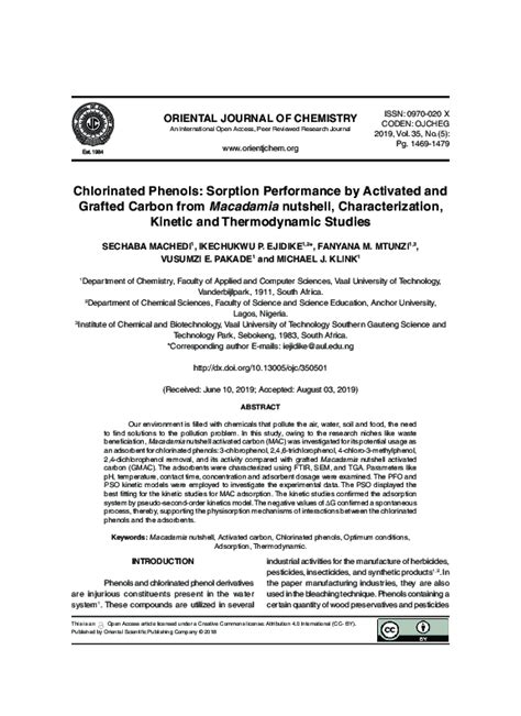 Pdf Chlorinated Phenols Sorption Performance By Macadamia Activated